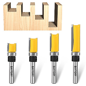 BAYTORY Professional Pattern Flush Trim Router Bit Set with 1/4 inch Shank, 4Pcs 1/2" Cutting Diameter Carbide Bits with Top Bearing Prevent Tear-Out, Template Guide Woodworking Milling Cutter Tool