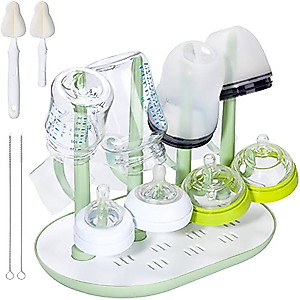 Jumperlay Baby Bottle Drying Rack with 2 Pack Sponge Brush and 2 Pack Straw Cleaner Brushes, High Capacity Countertop Bottle Dryer Holder for 4 Sets of Baby Bottles and Accessories, Green