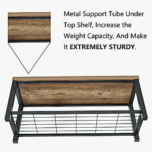 FOLUBAN Shoe Bench, Industrial Entryway Bench with Metal Storage Shelf, Rustic Indoor Shoe Storage Bench Seat, Oak