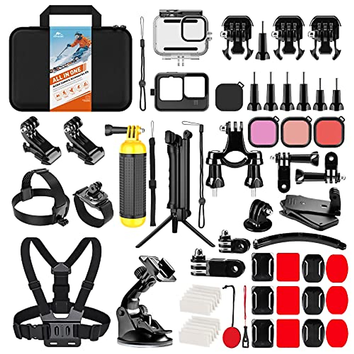 HONGDAK Action Camera Accessories Kit for GoPro Hero 11 10 9 Black, Waterproof Housing+Silicone Case+3-Way Adjustable Arm+Head Chest Wrist Strap+Bike Mount+Suction Cup+Floating Grip Bundle Set 63 in 1