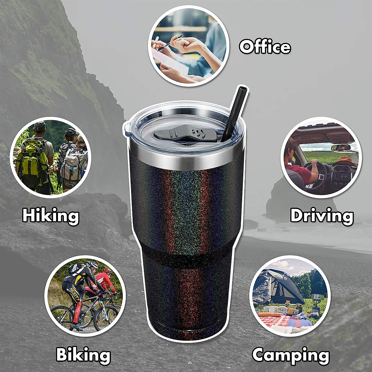 ALOUFEA 30oz Stainless Steel Tumbler, Insulated Coffee Tumbler Cup with Lid and Straw, Double Walled Travel Coffee Mug for Hot & Cold Drinks (Glitter Black, 1 Pack)