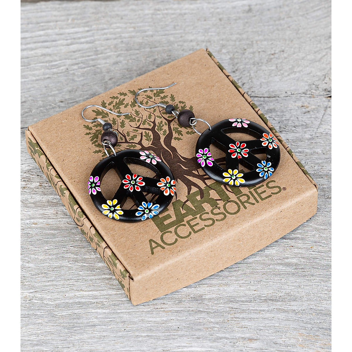 Earth Accessories Peace Sign Dangle Earrings with Organic Wood - Earring Hippie Accessories and Hippie Costume for 60s or 70s