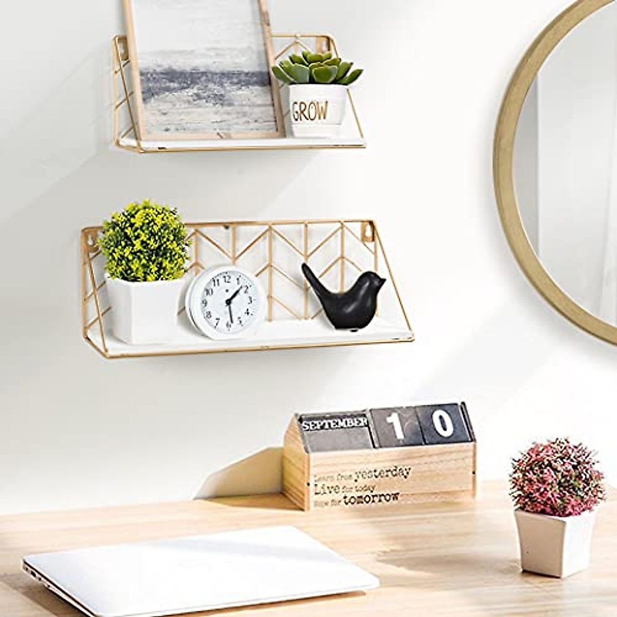 ROSE BLOOM Floating Shelves Wall Mounted Set of 2, Wood Storage Shelf with Metal Wire Basket for Bedroom, Living Room, Bathroom, Kitchen, Office, Arrow Design