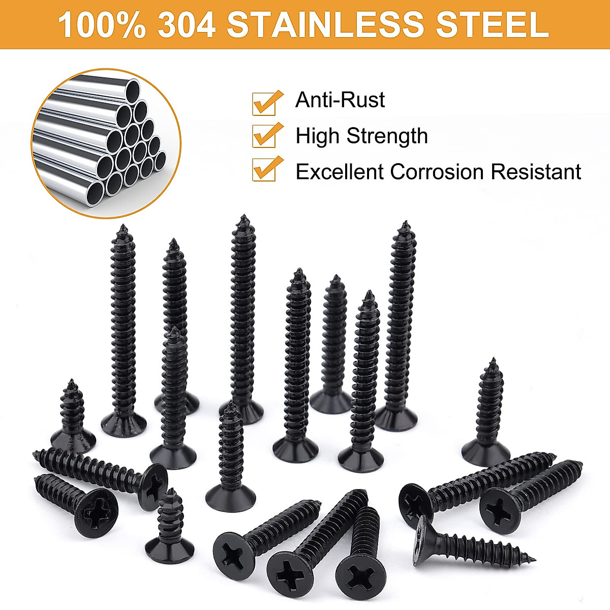 VIGRUE 175 Pcs #8 Wood Screws Black Oxide Coated Stainless Steel Flat Head Phillips Drywall Screw Assortment Kit, Self Tapping Screws Kit