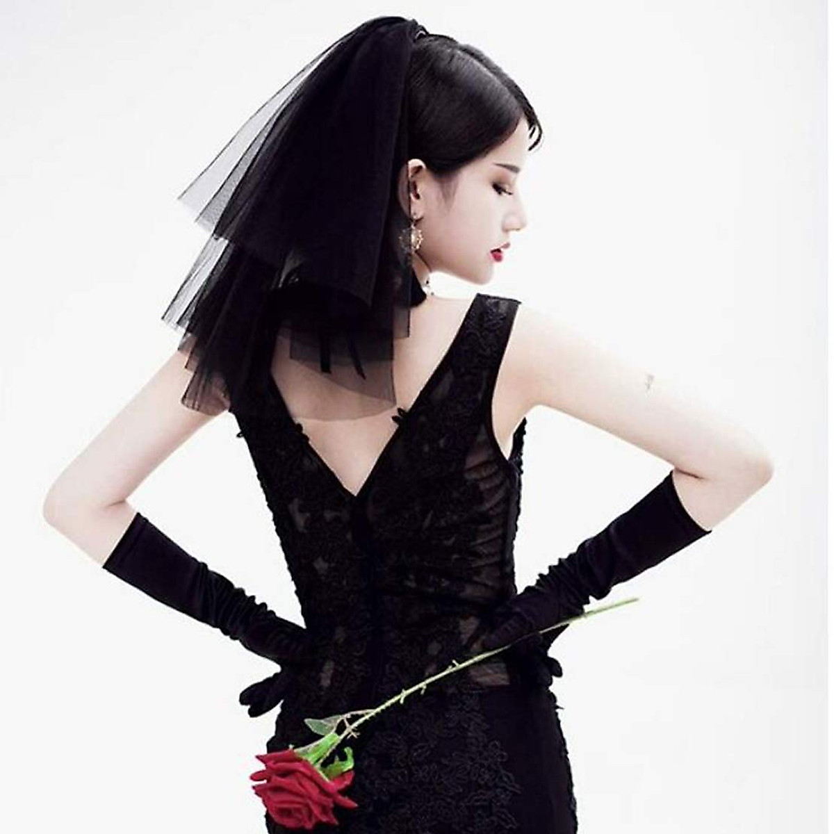 Fangsen Wedding Bridal Veil with Comb 2 Tier Tulle Short Veil (Black)