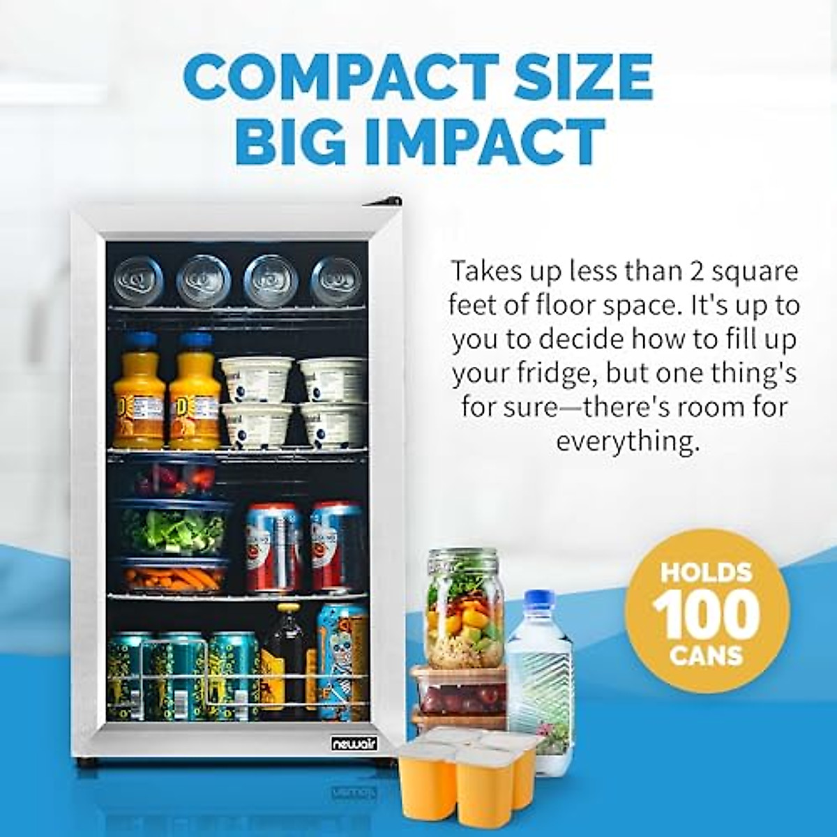 NewAir Small Cooler 2.4 Cu. Ft. Mini Fridge for Bedroom in Stainless Steel, 100 Can Capacity Beverage Refrigerator with 5 Custom Temperature Settings for Beer, Wine, Soda, and Cooler Drinks