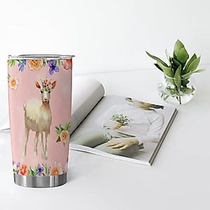 Goat Tumbler With Flip Lid - Flower Stainless Steel Insulated Travel Mug for Hot and Cold Drinks, Hiking, Camping, Office - 20oz Coffee Cup