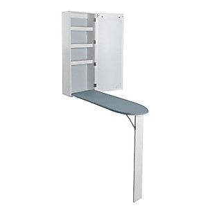 HuaShuani Wall Mounted Ironing Board with Storage Cabinet, Built in Ironing Board & Folding Support Leg/Swivel Ironing Board, Wall-Mounted Mirrors for Home, Apartment & Small Spaces, White