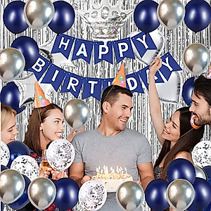 Navy Blue Silver Happy Birthday Party Decorations Set for Men Boys Women Girls, Banner, Crown Balloon, Fringe Curtains, Cake Topper for 13th 16th 18th 21st 25th 30th 40th 50th 60th 70th Party Supplies
