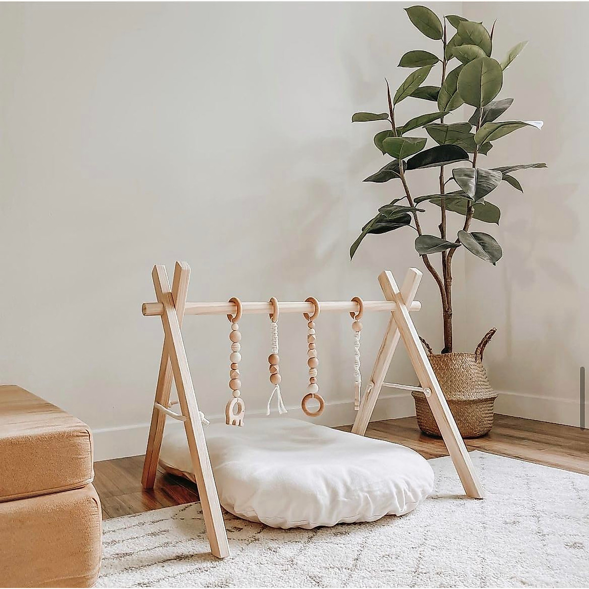 Poppyseed Play Wooden Baby Play Gym, Foldable Frame w/Hanging Bar, Tied Cotton Cord & Wooden Toys, Gender Neutral Baby Activity Set, Easy to Assemble (White Wood, Macrame Toys)