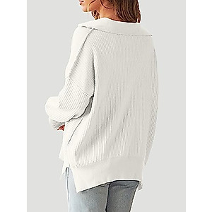 ANRABESS Women's 2023 Fall Sweater Lapel Collar V Neck Button Long Sleeve Drop Shoulder Oversized Ribbed Knit Comfy Loose Casual Slouchy Pullover Shirt Jumper Top with Slit757mibai-M White