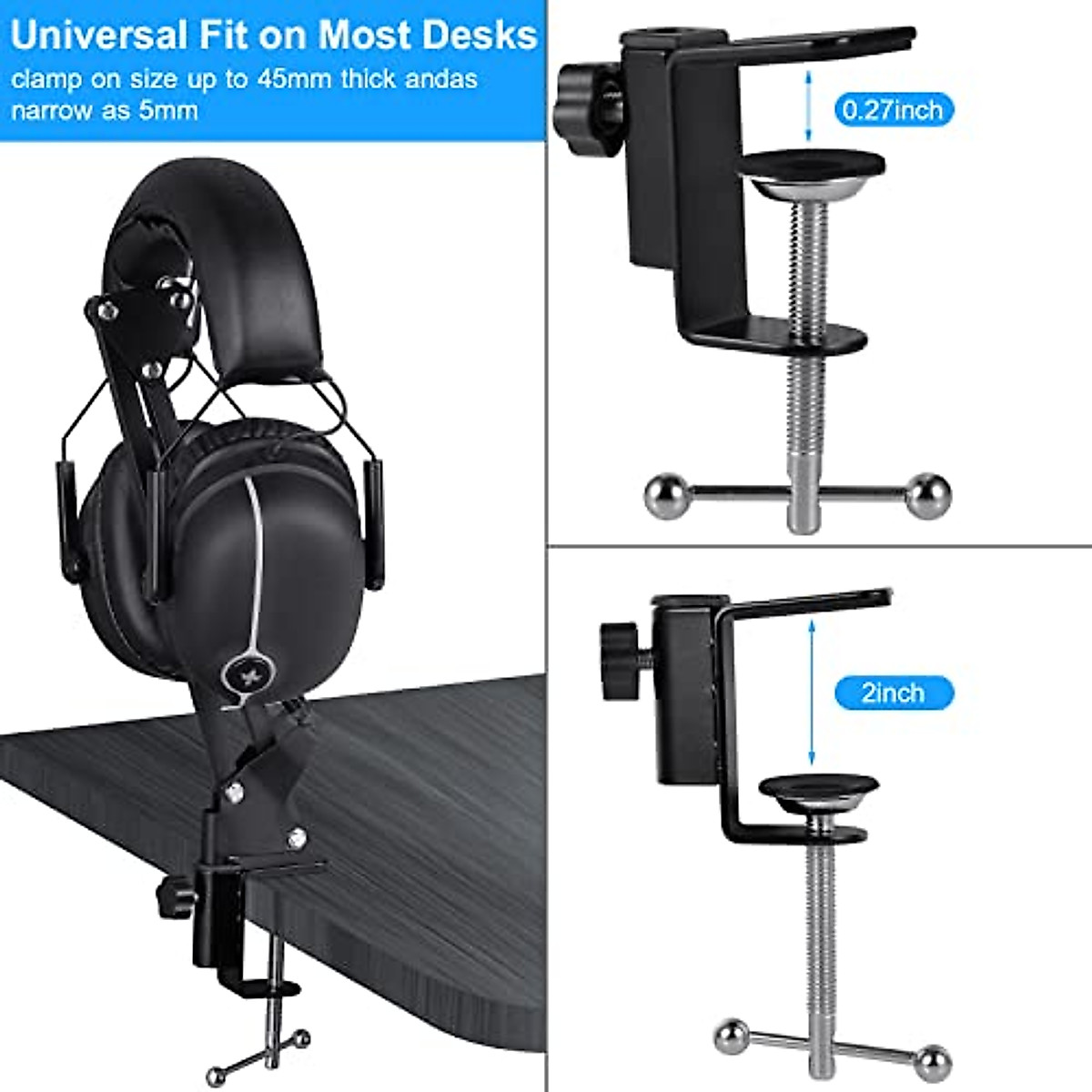 CLOOLC Headphone Stand for Desk - Adjustable Headphone Holder Desk - Space-Saving Headset Holder for Desk - Desk Headphone Hanger with 14in - Black