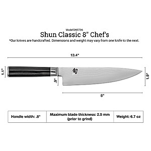 Shun Cutlery Classic Chef's Knife 8”, Thin, Light Kitchen Knife, Ideal for All-Around Food Preparation, Authentic, Handcrafted Japanese Knife, Professional Chef Knife