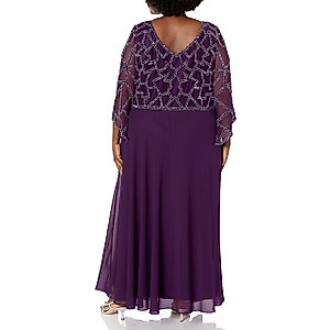 J Kara Women's Plus Size 3/4 Sleeve Geo Beaded Gown, Plum/Mercury/Silver, 18W