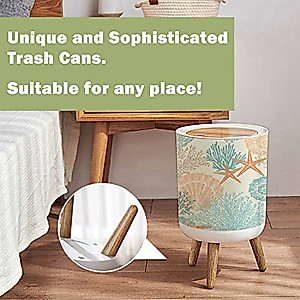 Small Trash Can with Lid Marine hand drawn sea shells stars mollusk coral Perfect for textiles Round Garbage Can Press Cover Wastebasket Wood Waste Bin for Bathroom Kitchen Office 7L/1.8 Gallon