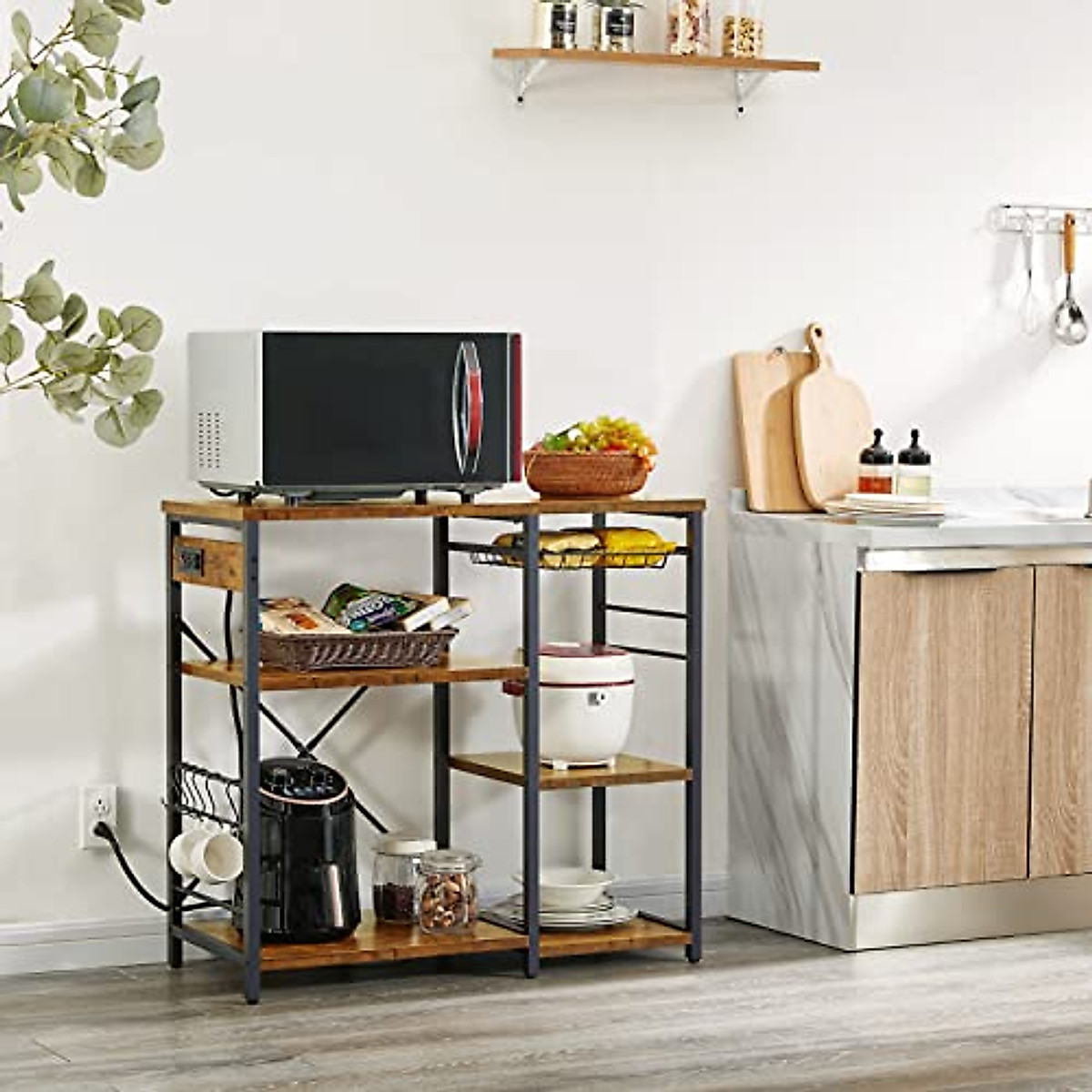 SUPERJARE Kitchen Bakers Rack with Power Outlet, Coffee Bar Table Station, Microwave Stand with 6 S-Shaped Hooks, Wire Basket, Storage Shelf - Rustic Brown