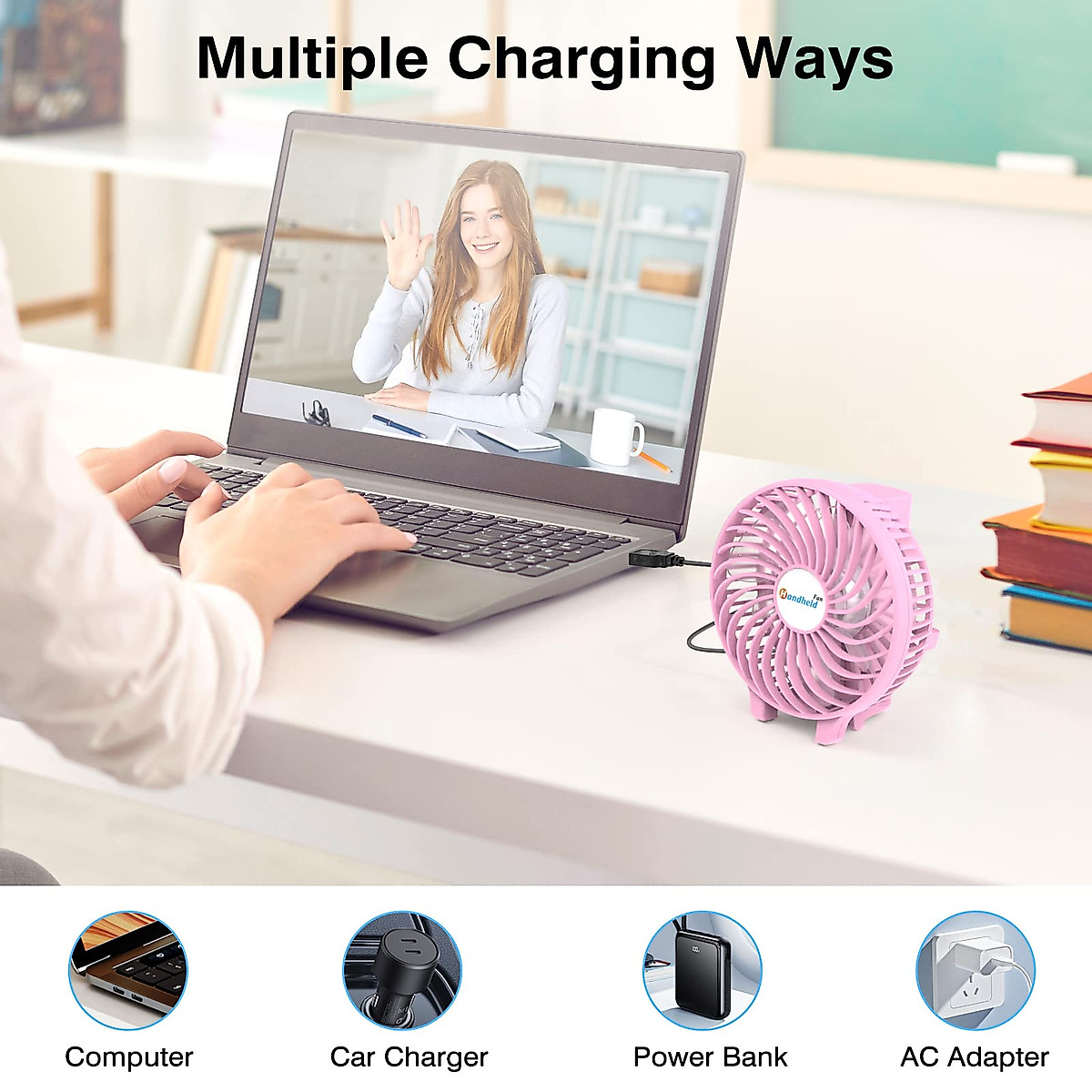 Lafhome Portable Handheld Fan, USB Rechargeable Hand Held Fan Foldable Desk Fan, 3 Speeds Battery Operated Fan Mini Electric Table Cooling Fan Personal Desktop Fan for Home Office Travel Pink