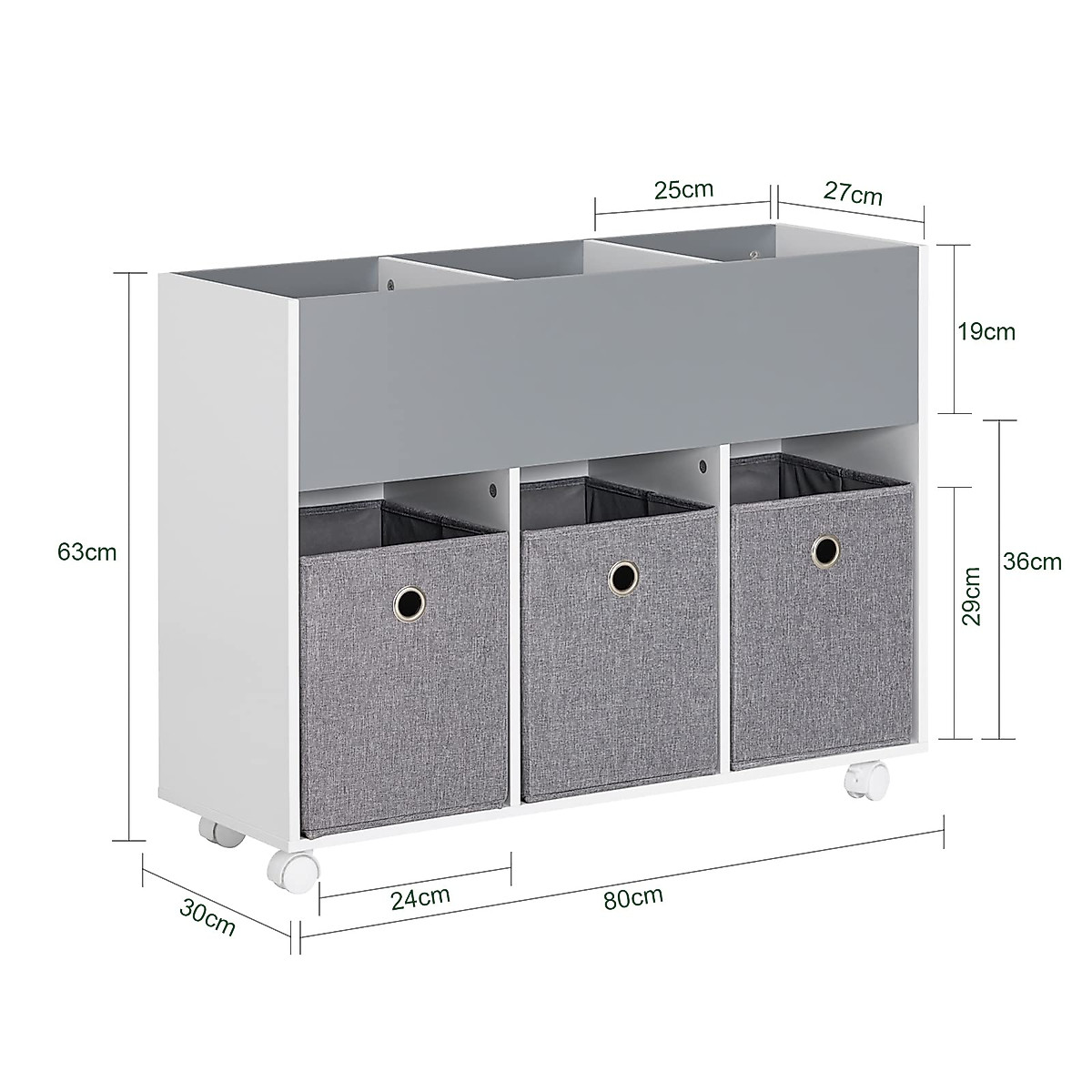 Haotian Kids Toy Storage Organizer Cart, Bookshelf with 3 Baskets & Wheels Children Toddlers Bookcase Playroom Nursery, Grey, KMB61-HG