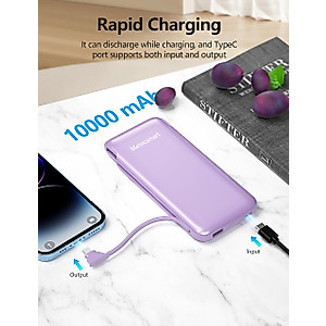 Metecsmart Portable Charger Power Bank with Built in Cable and AC Wall Plug, 10000mAh Fast USB C Phone Charger, Slim Thin Mini Charging Battery Pack Compatible with Smartphones and All USB-C Devices