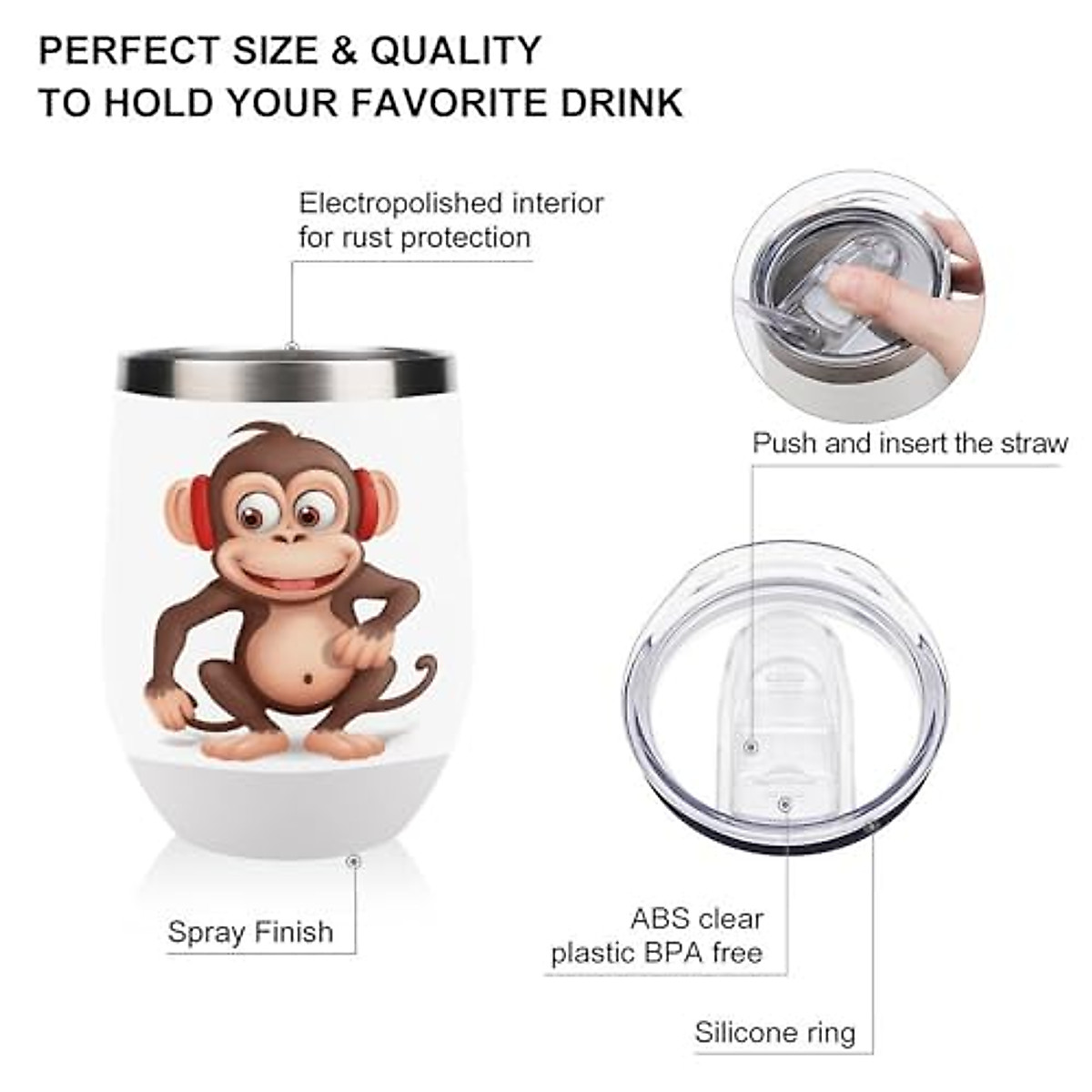 YKUDBN Stainless Steel Insulated Cup, Naughty Monkey Print 304 Stainless Steel, Smooth Round Rim Ideal for Office, Home, And Gift Giving