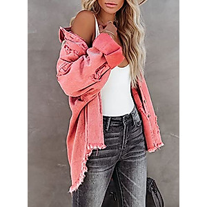 EVALESS Women's Denim Jacket Boyfriend Jean Jackets for Women Fashion 2023 Distressed Shacket Jacket Ripped Frayed Jean Shirts Business Casual Red Top Outfits with Pockets Light Stretchy Shirt,Large