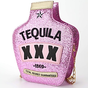 Ondeam Tequila Bottle Shaped Laser Shoulder Handbags,Pu Crossbody Purse for women(Pink B)