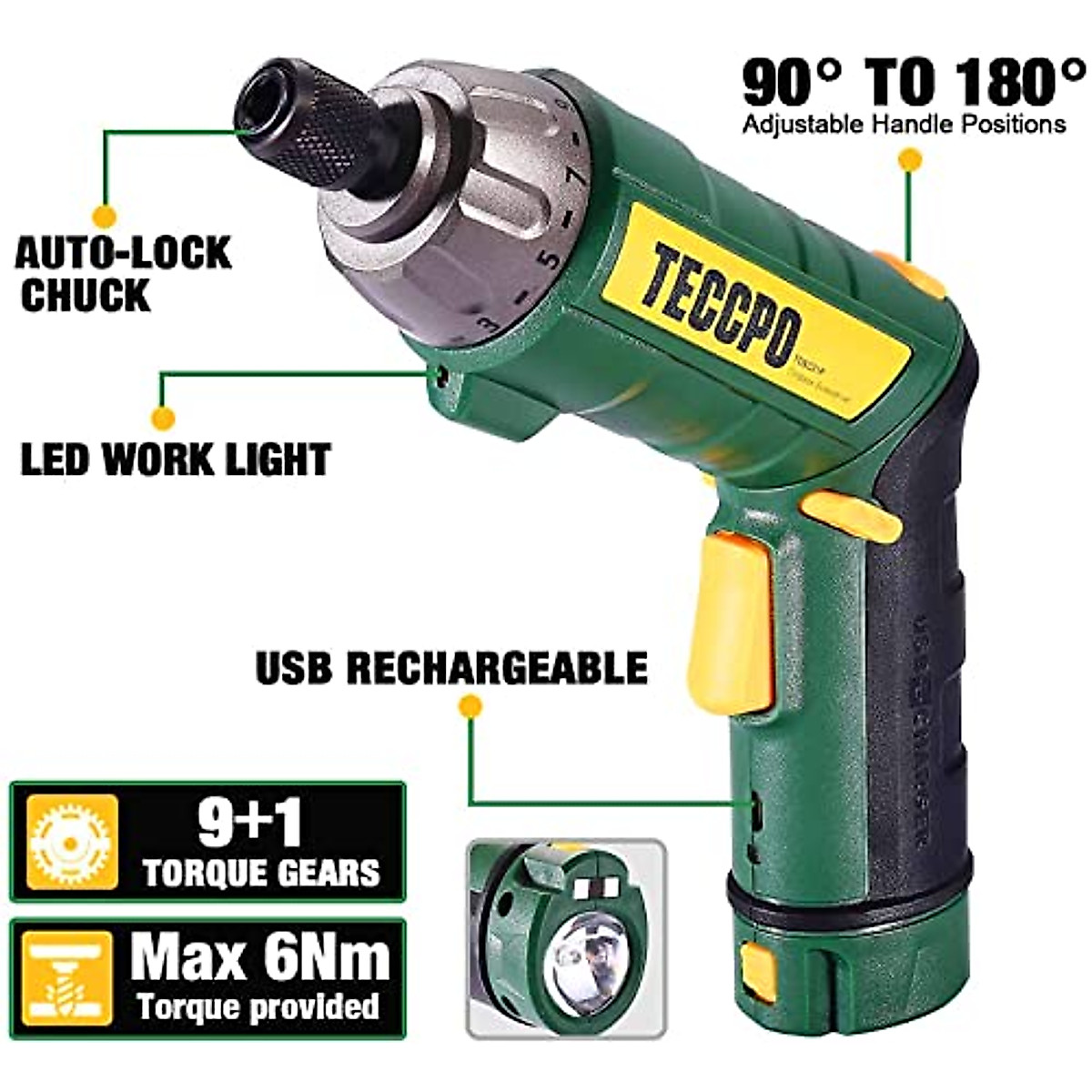 Cordless Screwdriver, 45Pcs 6N.m, TECCPO 4V Electric Power Screwdriver, 9+1 Torque Gears, Cordless Screwdriver Rechargeable with 2000mAh Li-ion, 1/4'' Hex Self-Lock Chuck, 2 LED, Adjustable 2 Position