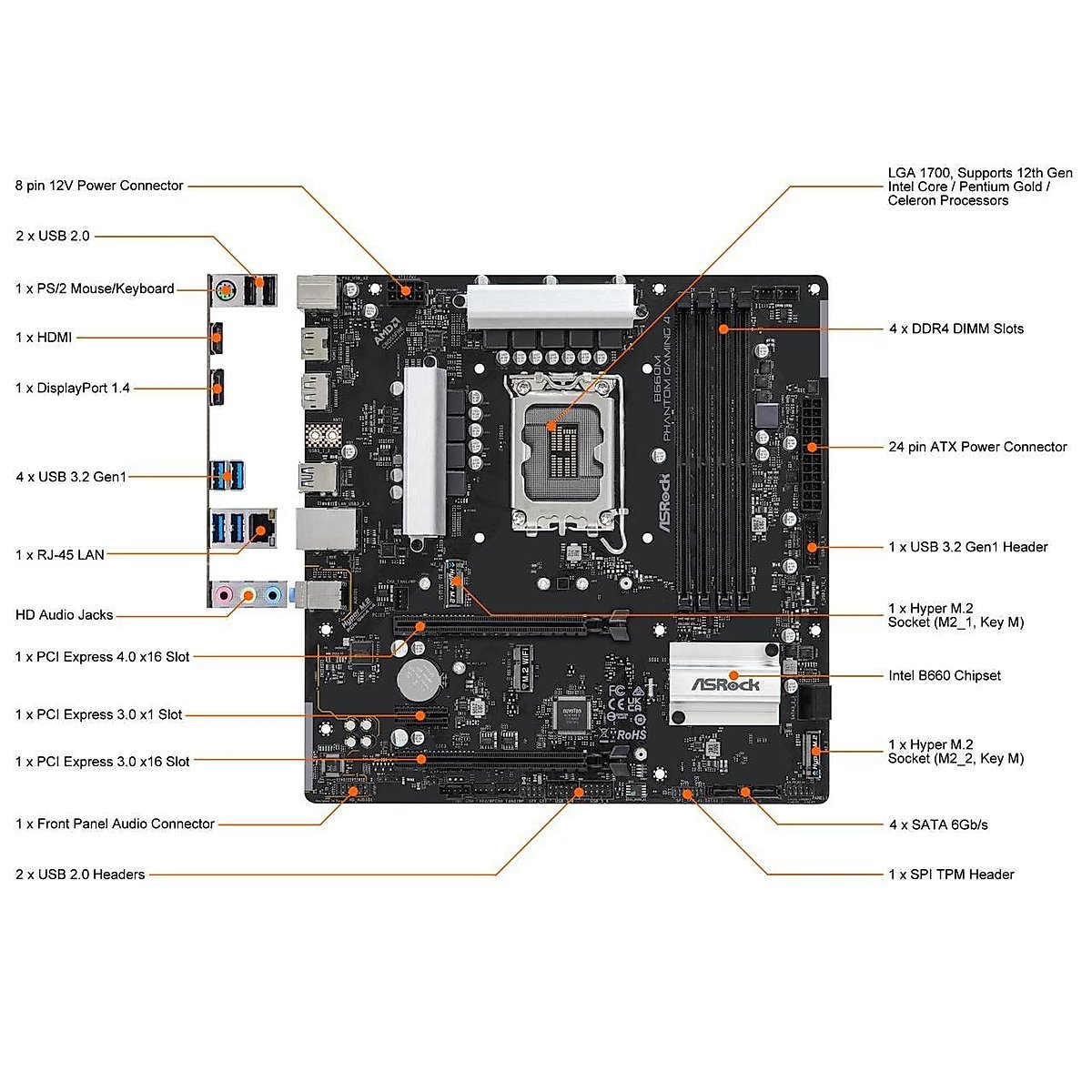 ASRock B660M PHANTOM GAMING 4 Socket LGA1700/ Intel B660/ DDR4/ SATA3&USB3.2/ M.2 Micro ATX Motherboard