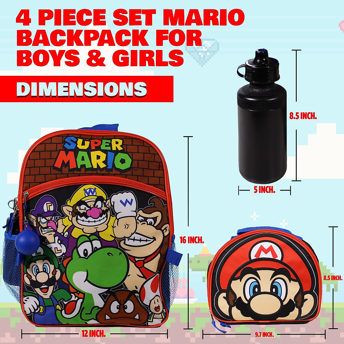 Nintendo Super Mario Bros Backpack with Lunch Box Set for Boys & Girls, 16 inch, 4 Piece Value Set