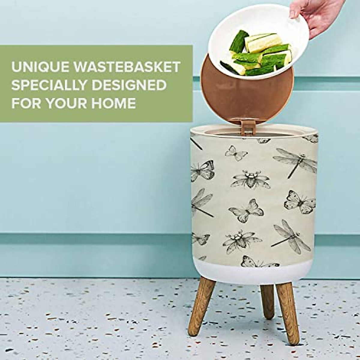 Small Trash Can with Lid Seamless with dragonflys cockchafer and butterflies Dragonfly Garbage Bin Round Waste Bin Press Cover Dog Proof Wastebasket for Kitchen Bathroom Living Room 1.8 Gallon