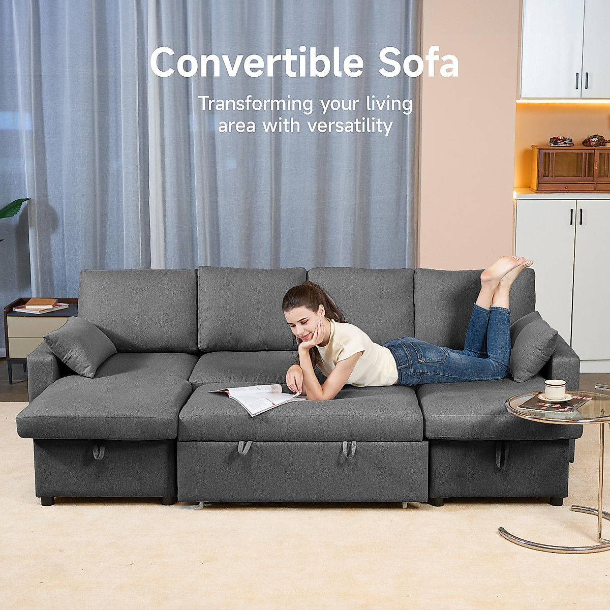 Real Relax 105'' Sleeper Sofa, 4-in-1 U Shaped Convertible Sofa Bed with Wheel Pull Out Bed and Storage for Living Room, Apartment, Office and Bedroom, Dark Gray