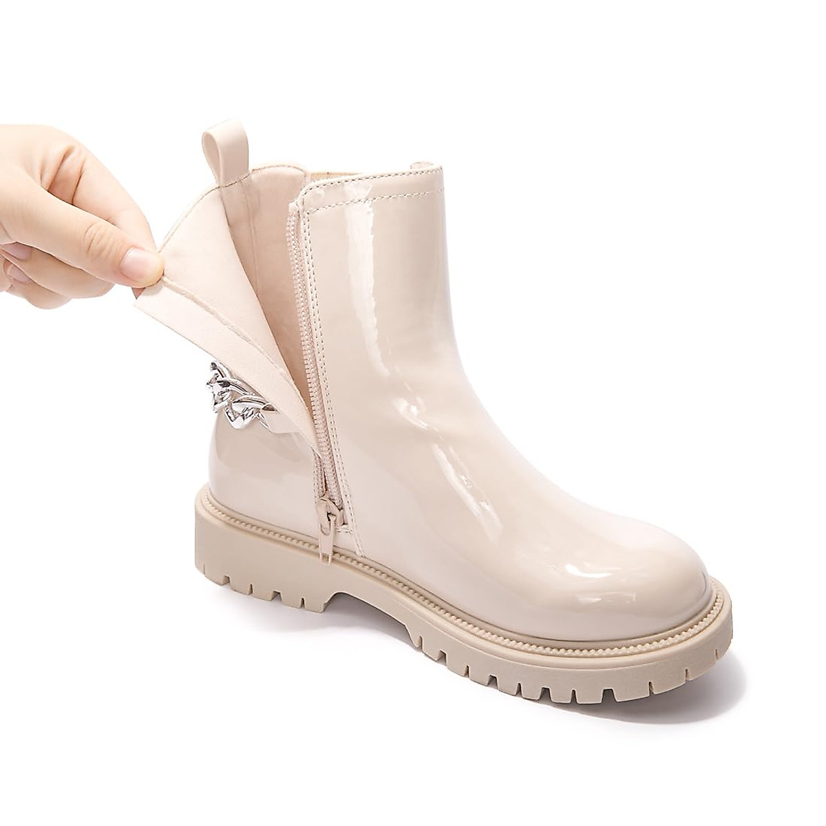 FUNKYMONKEY Boots for Girls Black White Nude Faux Leather Fashion Ankle Boots With Side Zipper for Little Kid/Big Kid (5 Big Kid, Nude)