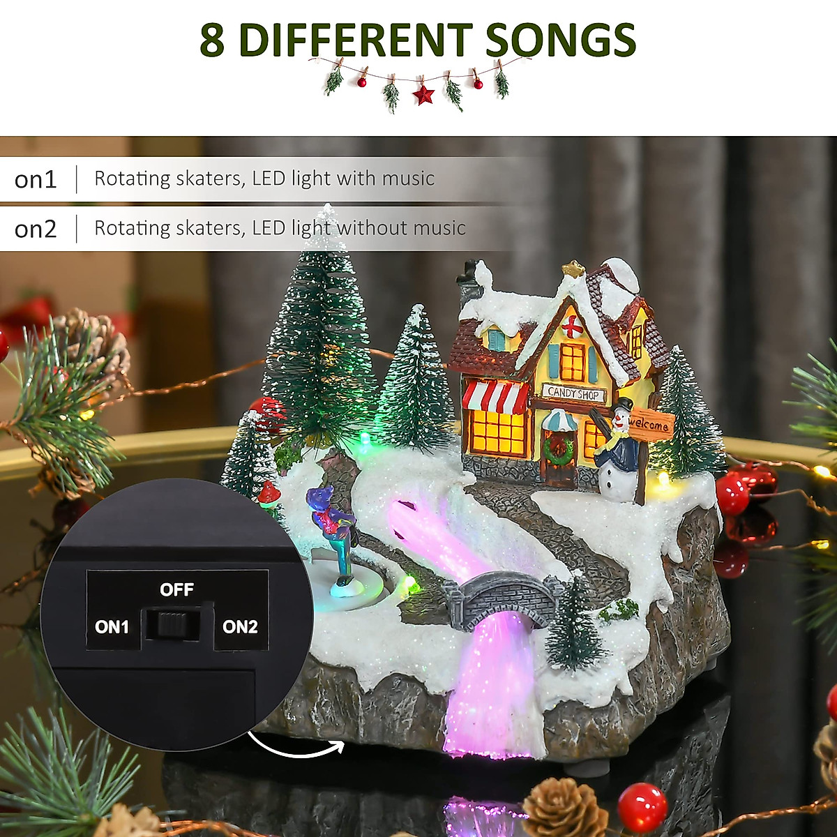 HOMCOM Christmas Village, Rotating Skating Pond Animated Winter Wonderland Set with Multicolored LED Light, Music, Fiber Optic, Battery-Operated Christmas Decoration