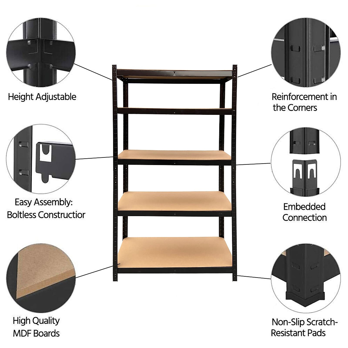 Vandise Garage Metal Shelving, Black Steel Storage Rack, 5 Adjustable Shelves Organizer, 2000 lb. Capacity, 7H x 30W x 12D inch, Pantry Shelves, Kitchen Shelves, Garage Shelving