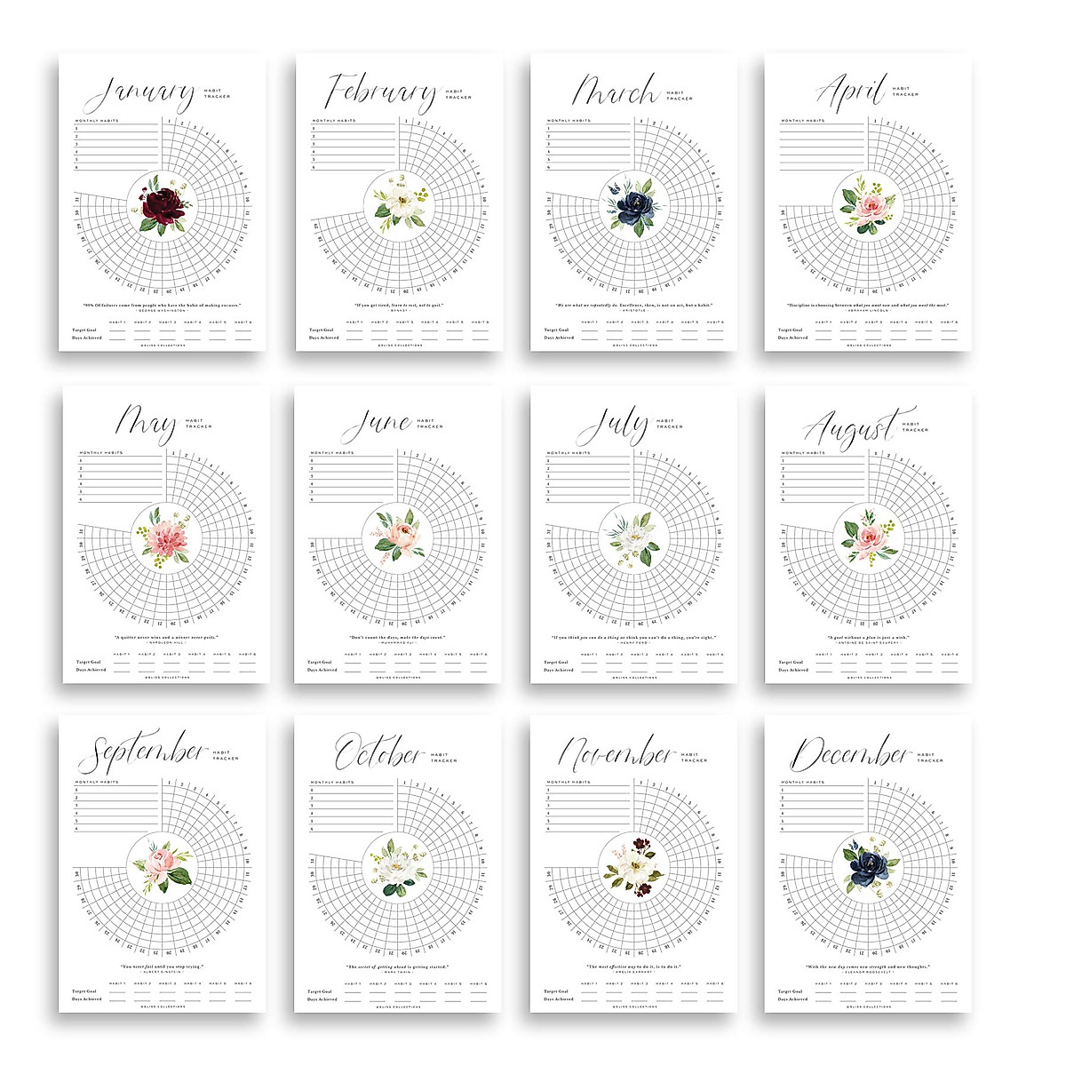 Bliss Collections Habit Tracker Calendar Notepad, Botanical Floral, Gold Spiral Binding, Inspirational and Motivational Monthly Journal to Track Habits and to Help with Goals, 6"x9" Undated 12 Months