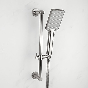 Shower Slide Bar Adjustable Handheld Shower Head Holder Wall Mount - 15inch All-Metal Shower Head Slide Bar Compatible with Bathroom Drill Free Glue Installation - Brushed