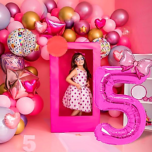 Cadeya Bow Number 5 Birthday Balloons, 40”Hot Pink Aluminum Foil Balloons for Girl 5th Birthday Party, Kids Theme Party Decoration Supplies