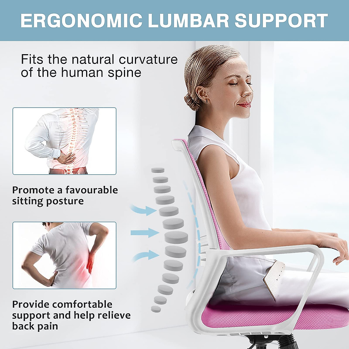 AFO Ergonomic Office Chair Adjustable with Comfortable Lumbar Support, Armrest and Padded Seat, 360 Degree Swivel, Mid Back Breathable Mesh, Rocking Mode, for Conference Room, Executive, Study, Pink