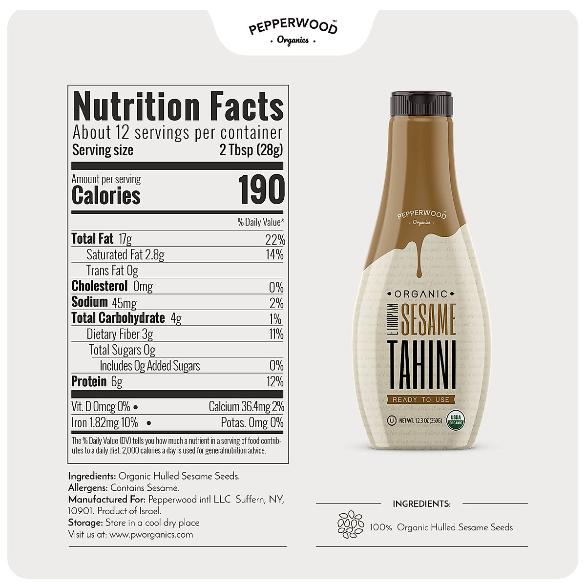 Organic Ethiopian Sesame Tahini - Squeezable Creamy & Ready Tahini Paste 12.3 Ounce (2-Pack) - Hulled, Unsalted, Non-GMO, Gluten-Free, Peanut-Free, by Pepperwood Organics