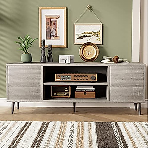 JUMMICO Mid-Century Modern TV Stand for 55/65 Inch TV, Entertainment Center with Storage Cabinet and Open Shelves, TV Media Cabinet for Living Room, Bedroom and Office (Light Gray, 65 Inches)