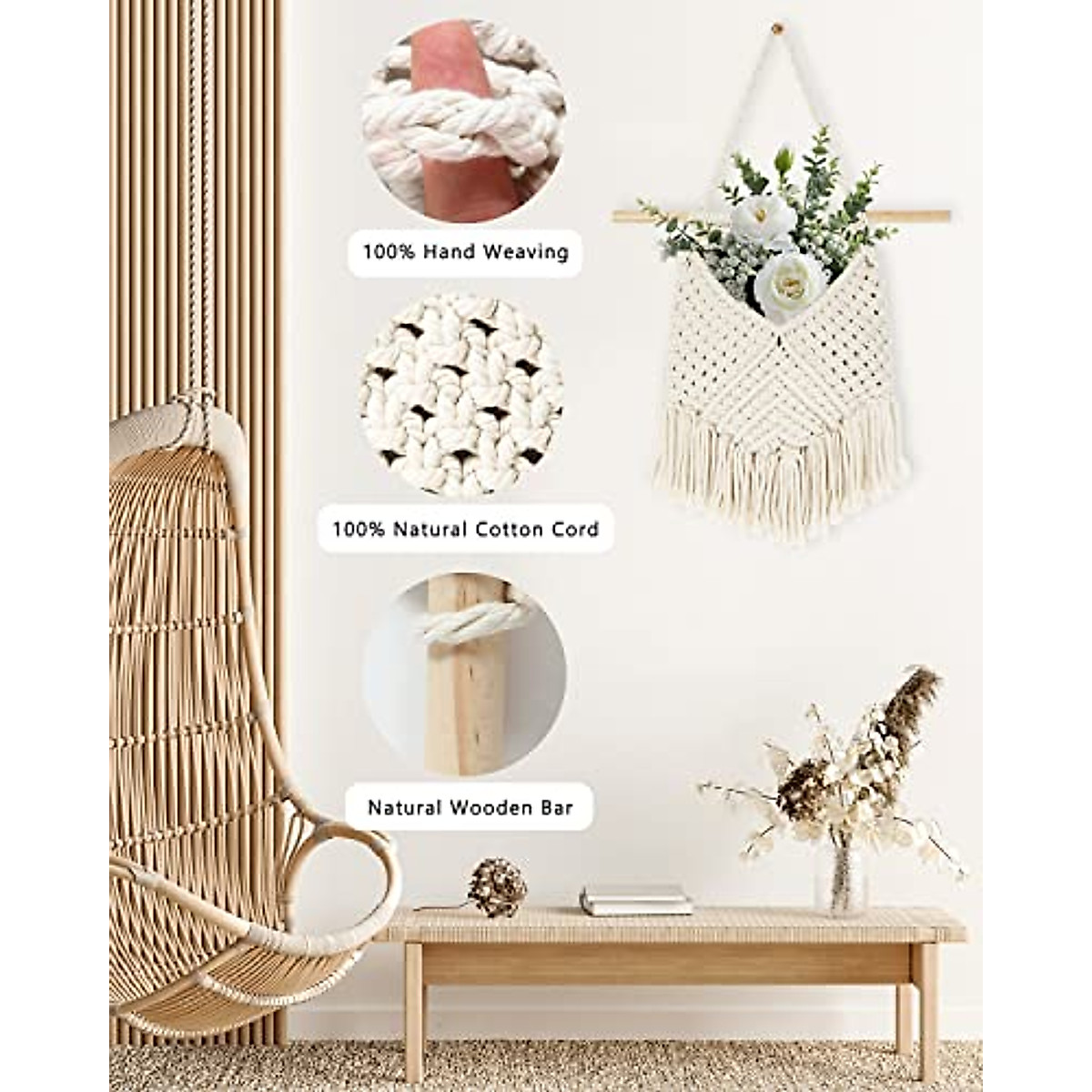 MOVNO Macrame Fruit Basket, Handmade Macrame Fruit Hanger, Decorative Macrame Hanging Basket, Space Saving Wall Storage Basket, Hanging Decor Fruit Basket, Perfect for Bedroom/Living Room/Bathroom