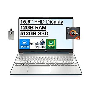 2021 HP 15.6" FHD Laptop Computer, AMD Ryzen 5-5500U Processor(Beats Intel i7-1065G7), 12GB RAM, 512GB PCIe SSD, AMD Radeon Graphics, HD Webcam, HDMI, Bluetooth, Wi-fi, Windows10, Blue, 32GB USB Card