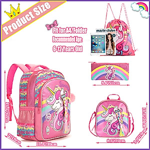 Meetbelify Unicorn Backpack for Girls School Backpacks Kids Cute Bookbag with Lunch Box,Drawstring Bag for Elementary Preschool Students 5 in 1 Pink Backpack Set