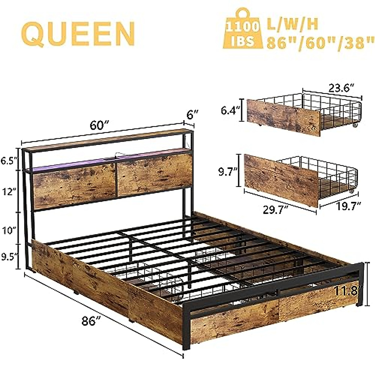 HAUSOURCE Queen Bed Frame with Storage Headboard and 4 Drawers LED Lights Metal Platform Non-Slip Without Noise Mattress Foundation Strong Metal Slats Support No Box Spring Needed