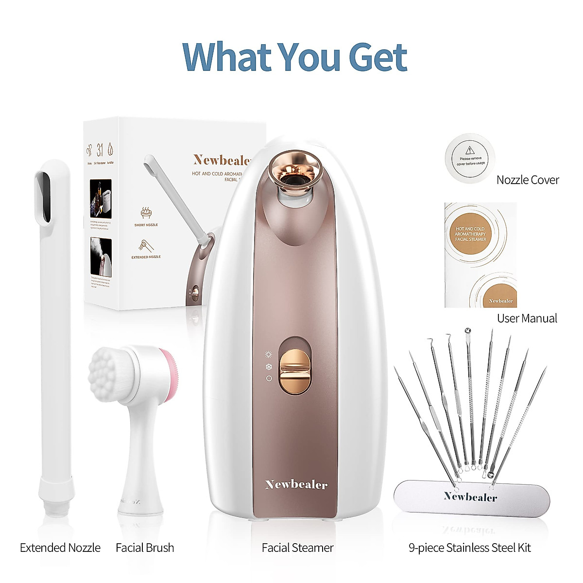 Newbealer Pro Facial Steamer, Hot & Cool Aromatherapy Nano Ionic Steamer with 360° Extended Nozzle, Face Moisturizing Deep Cleaning, Portable for Home Spa, 9-Piece Acne Set and Face Brush