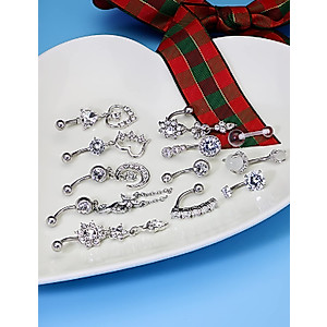 Vsnnsns 14G Belly Button Rings Stainless Steel CZ Skull Piercing Jewelry Belly Bars Curved Navel Ring Barbell Body Jewelry Piercing for Women Men Silver 10MM