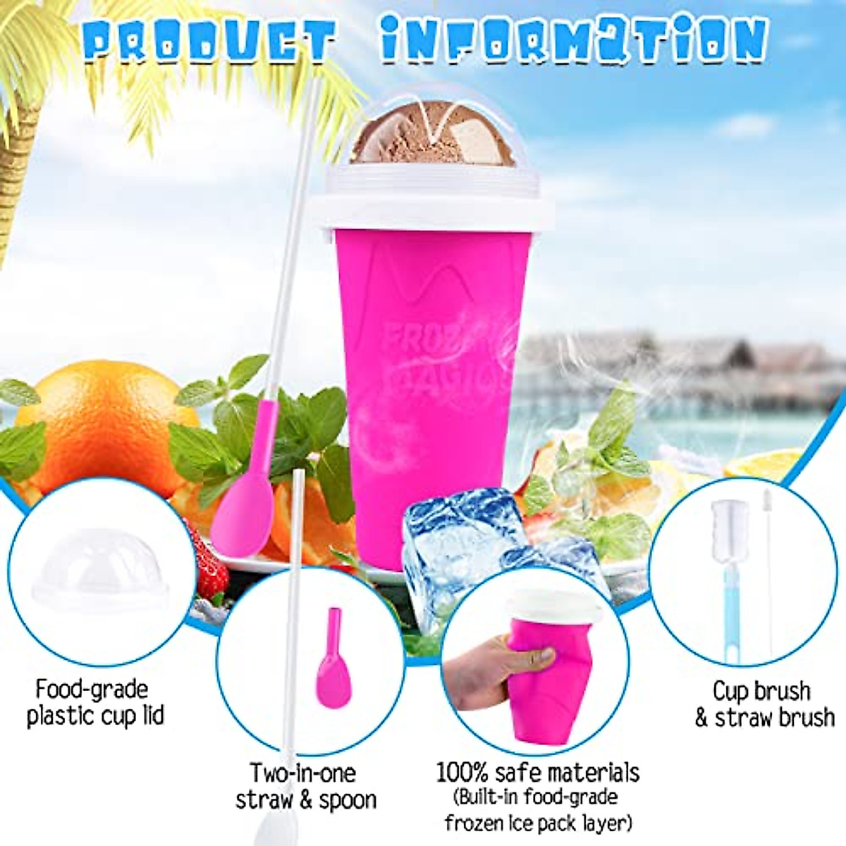 Slushie Maker Cup, TIK TOK Frozen Magic Smoothies Cup, Double Layers Silica Cup, DIY Homemade Slushies, Cooling Maker Cup, Freeze Mug Tools, Portable Squeeze Icy Cup for Milkshake (Pink)