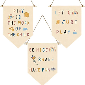 3 Pcs Play Sign Hanging Canvas Banner Flags Nursery Wall Play Sign Decor Let's Just Play Wall Banner Rainbow Pin Banner Nursery Room Banner Boho Nursery Wall Decor playroom Decor for Kids Girls Boys