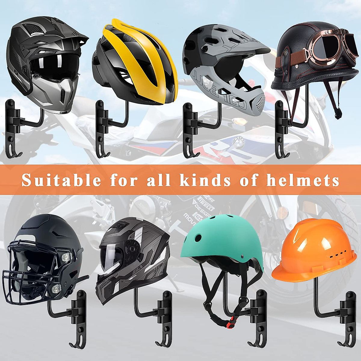 TPard Motorcycle Helmet Holder Wall Mount Helmet Rack 180° Rotation Helmet Hanger with 2 Hooks, 2 Pack