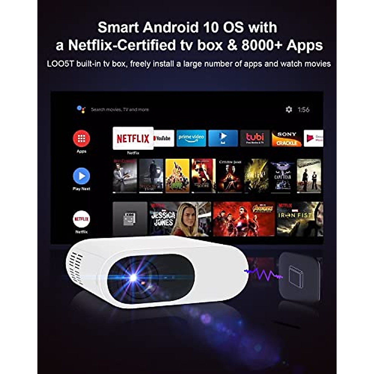 Projector with Android TV 10,4K Support Projector with Wifi Bluetooth Netflix-Certified Native 1080P 700 ANSI 5G Autofocus Portable Home Projector Stereo Sound Compatible with Laptop/Phone/HDMI/AV/USB